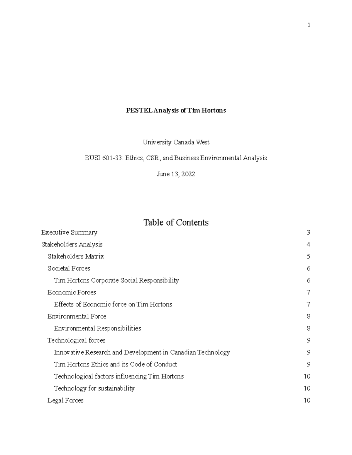 BUSI 601 Pestel Analysis Tim Hortons Group 1 - PESTEL Analysis of Tim ...