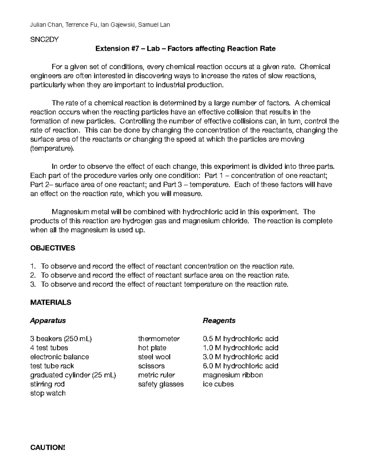 Reaction Rates Lab - SNC2DY Extension #7 – Lab – Factors affecting ...