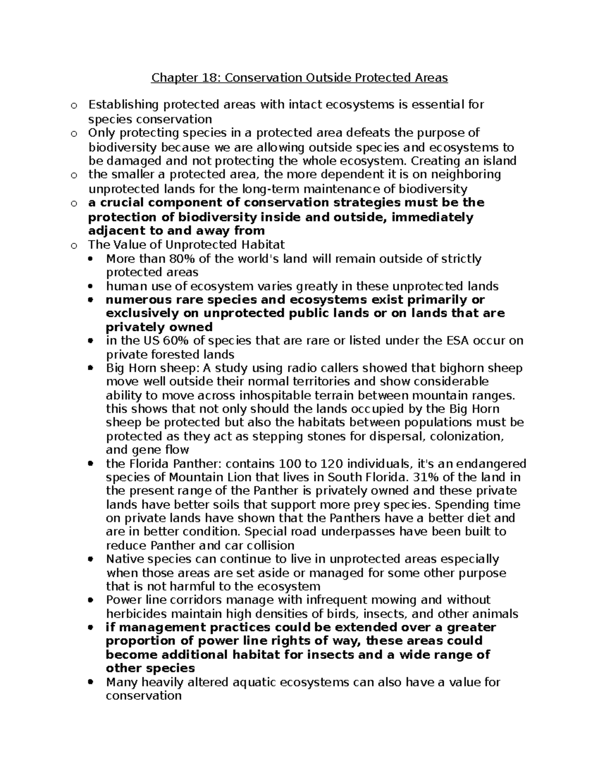 Chapter 18 Notes - Chapter 18: Conservation Outside Protected Areas o ...
