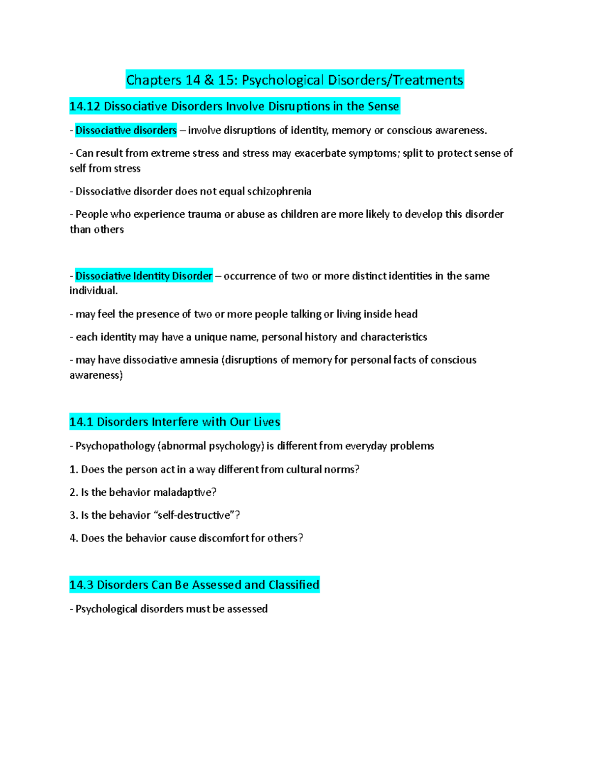 Psych 1000 Nov 28-Dec 2 Lecture Notes - Chapters 14 & 15: Psychological ...