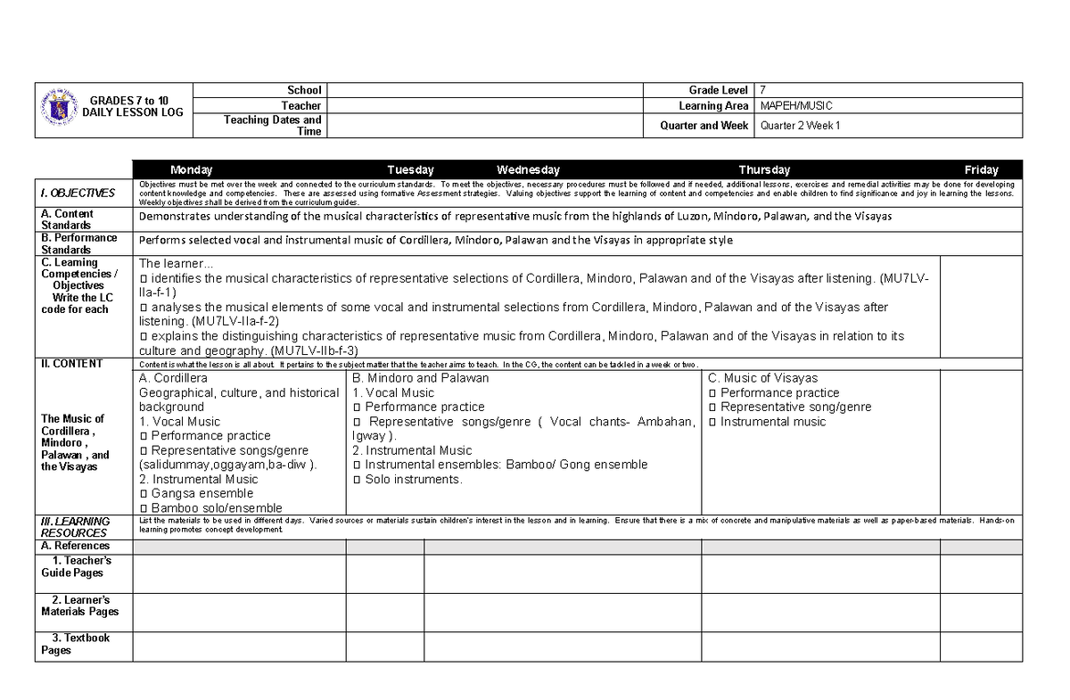 Dll music 7 q2 wk 1 - daily lesson log - GRADES 7 to 10 DAILY LESSON ...