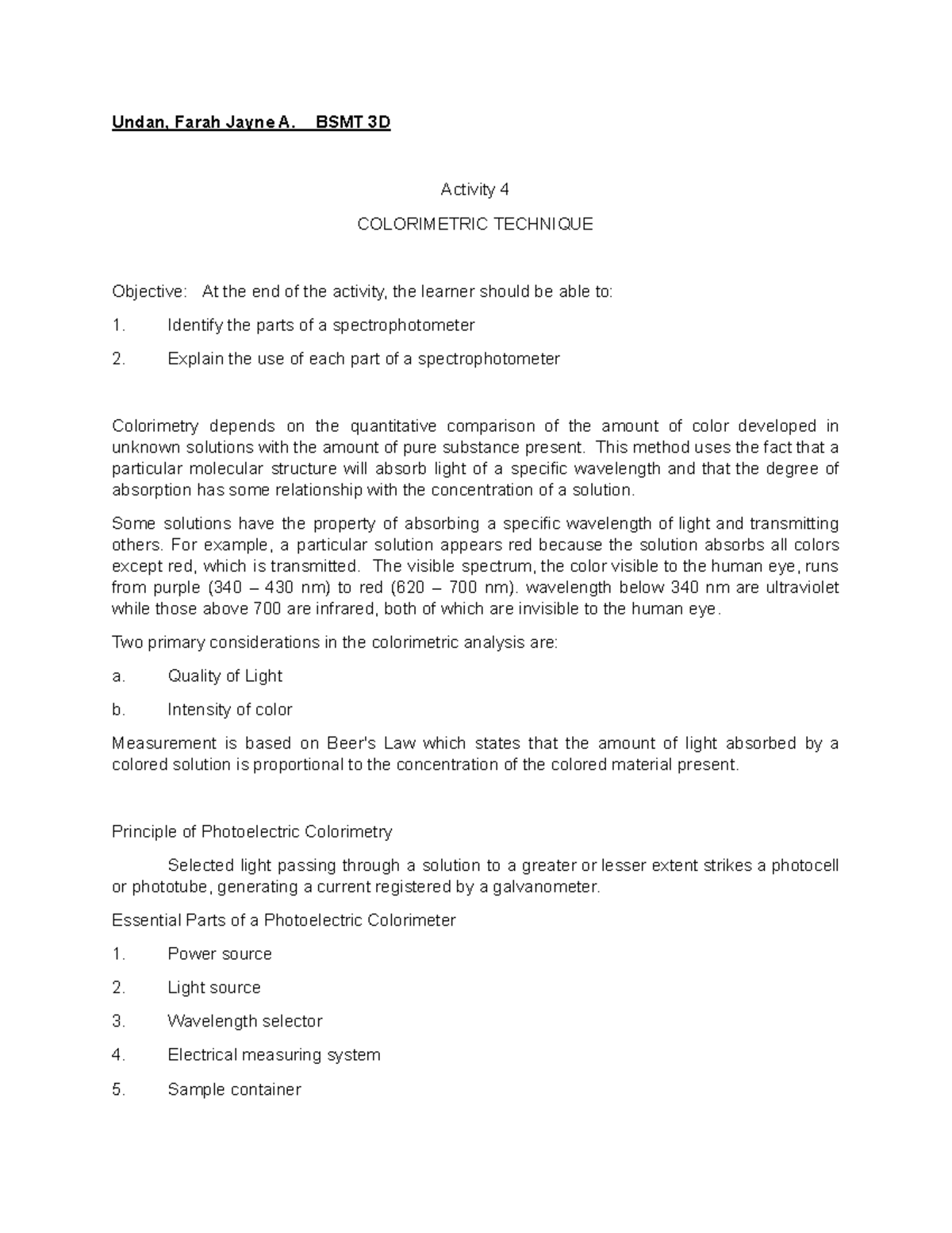 Activity Colorimetric Undan Farah Jayne A Bsmt 3d Activity 4 Colorimetric Technique