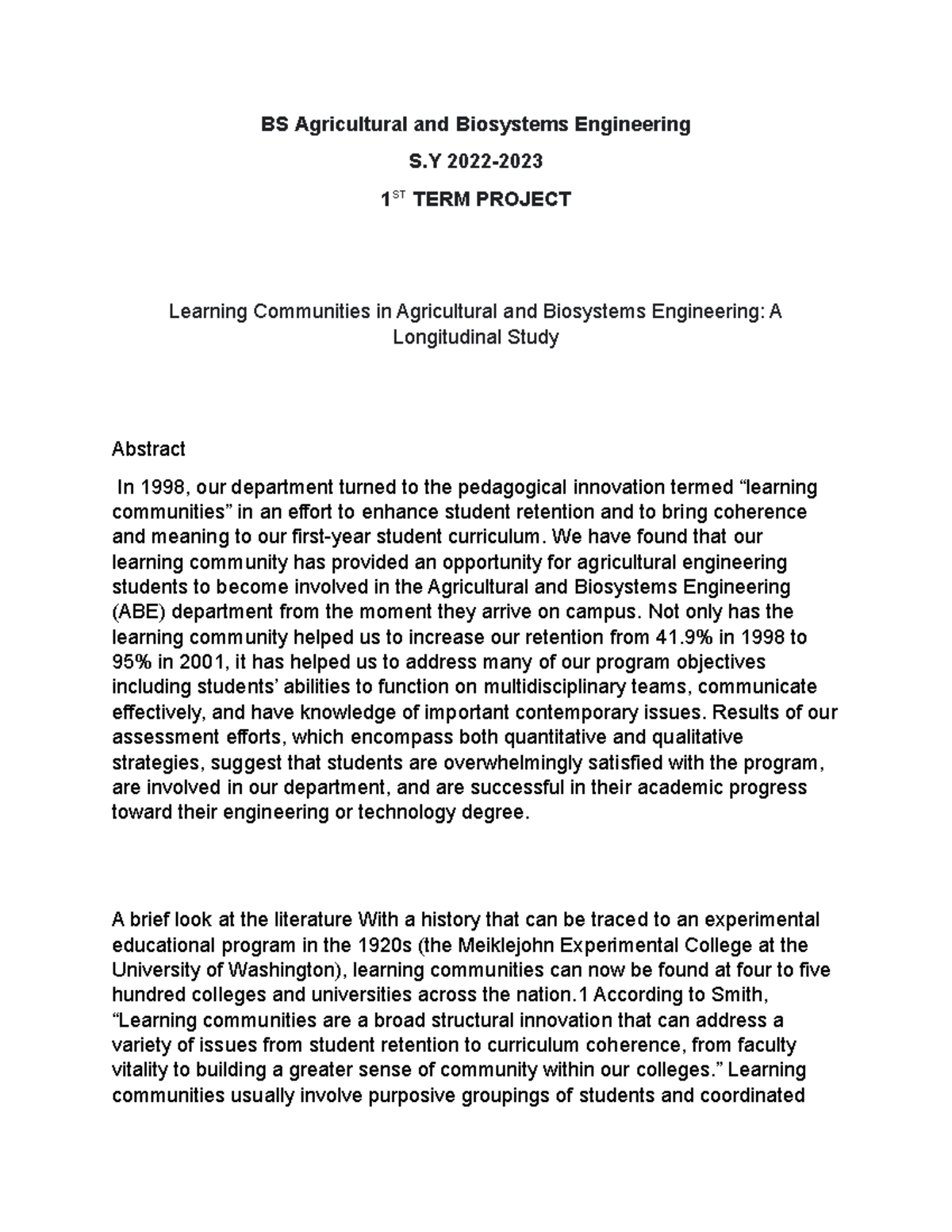 BS Agricultural and Biosystems Engineering 1st Term Project - BS ...