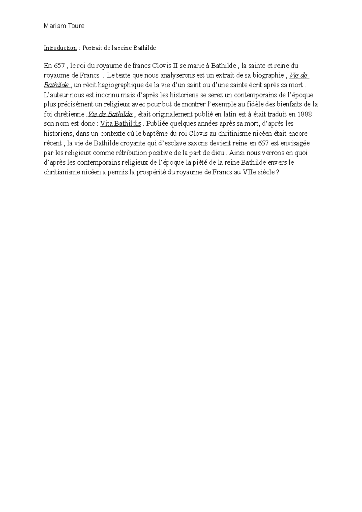 Introduction Portrait de la reine Bathilde - Mariam Toure Introduction ...