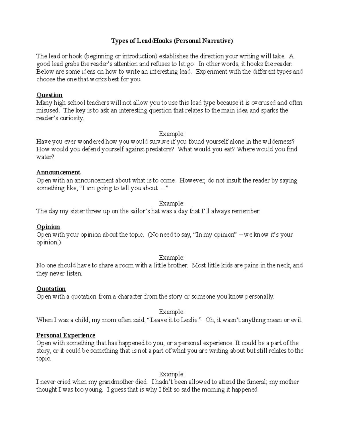 Lead.Styles - Examples - Types of Lead/Hooks (Personal Narrative) The ...
