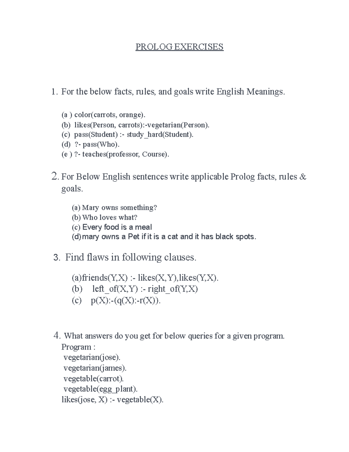 Prolog Exercises Prolog Exercises 1 For The Below Facts Rules And
