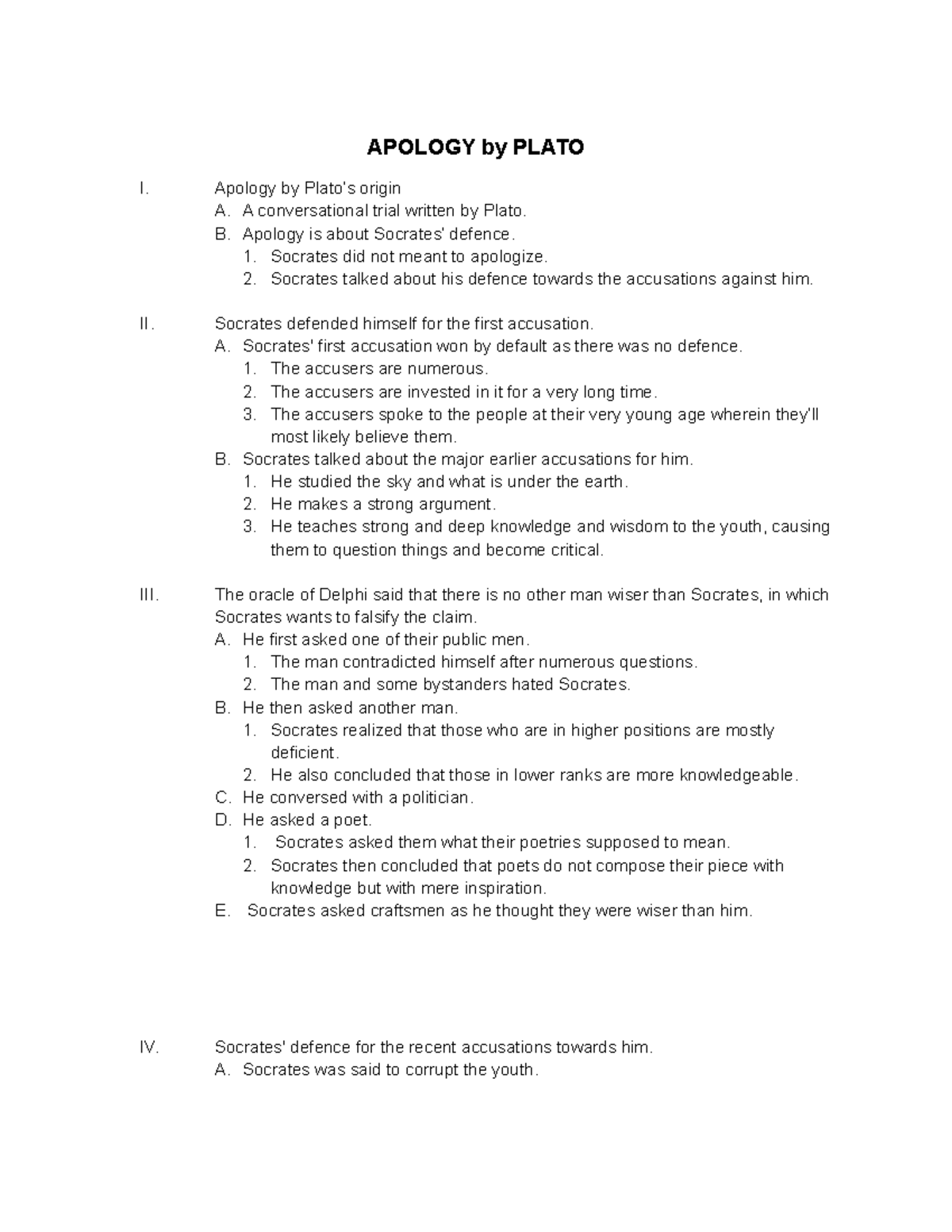 Apology BY Plato Sentence Outline - APOLOGY by PLATO I. Apology by ...