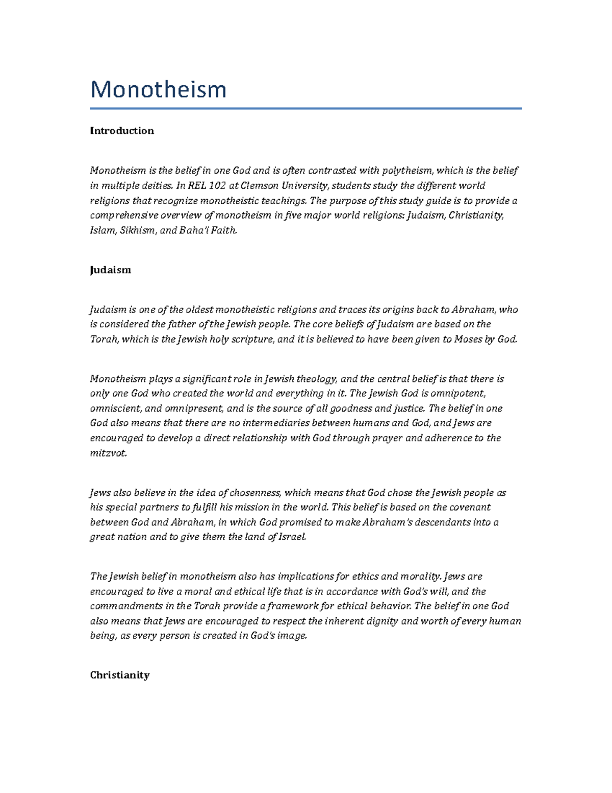Monotheism - World Religions (REL 102) Lecture notes - Monotheism ...
