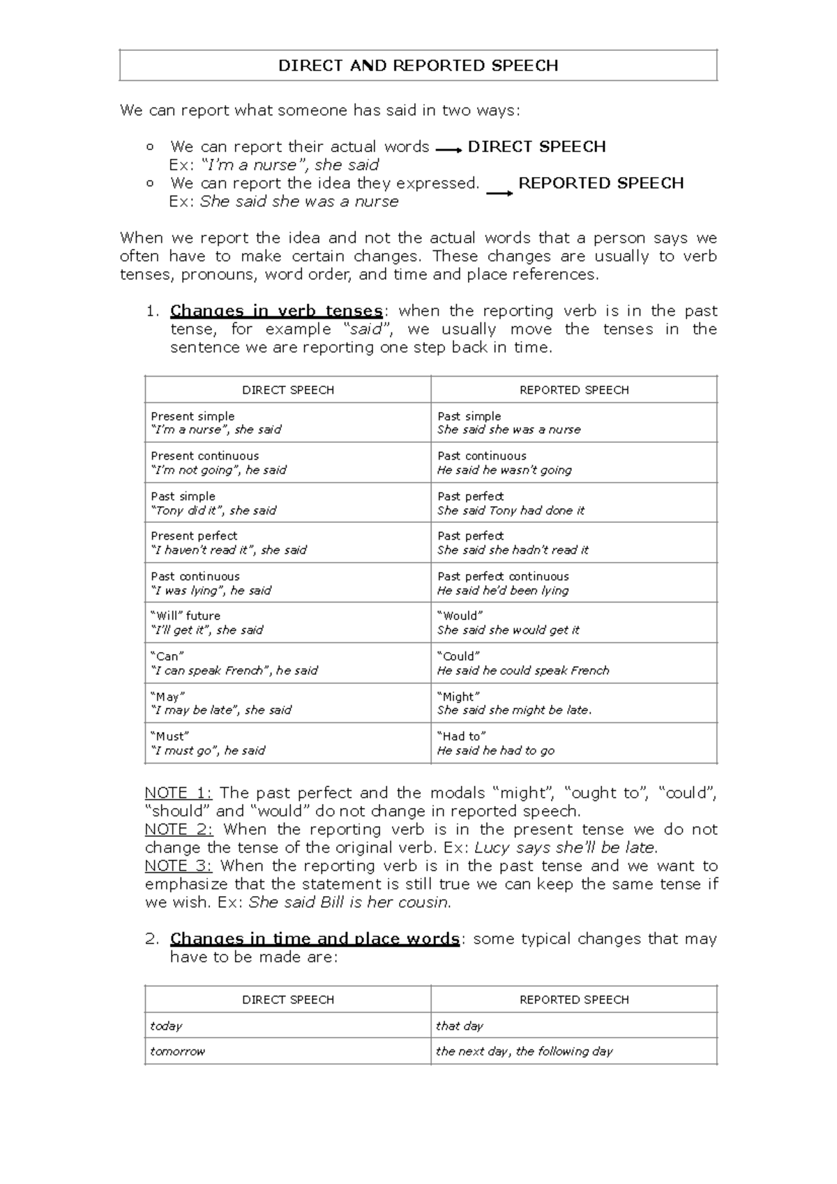 Reported Speech - We can report what someone has said in two ways: o We ...