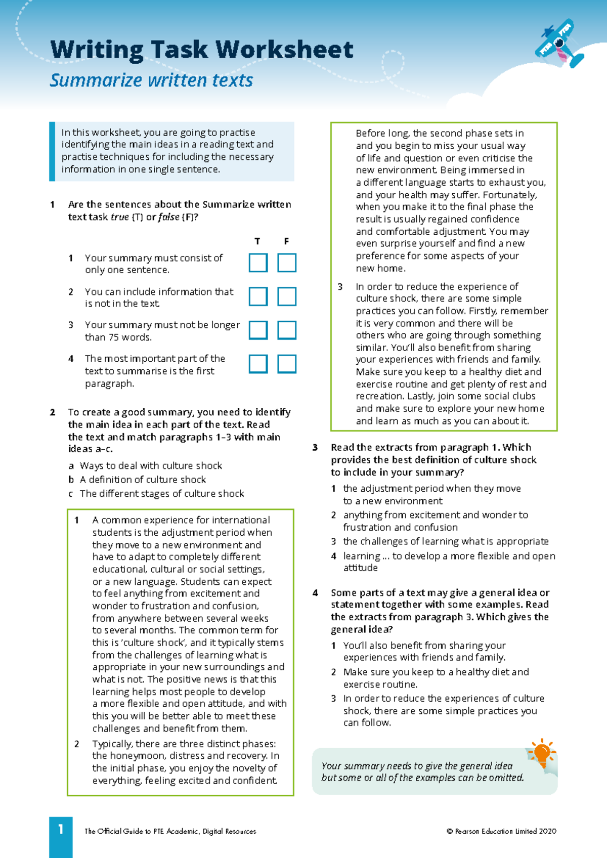 Worksheet - Summarize written text - 1 The Official Guide to PTE ...