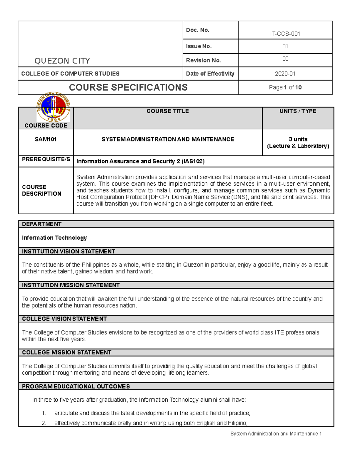 Sam101 Syllabus Obe03312020 V3 Quezon City It Ccs Issue No 01 Revision No 00 College Of