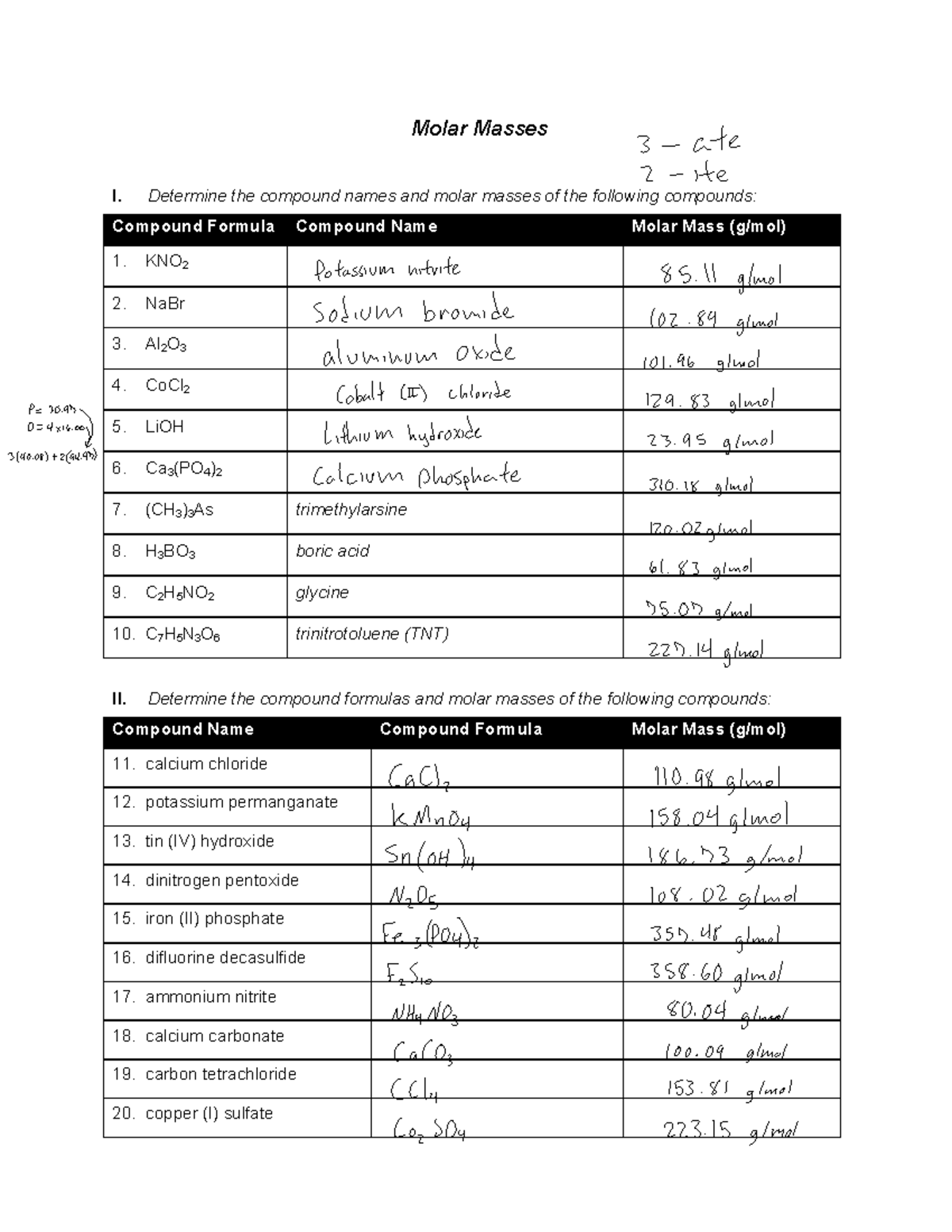 1806 Molar Masses 2 - Guiding lab and practice sheet with answers that ...