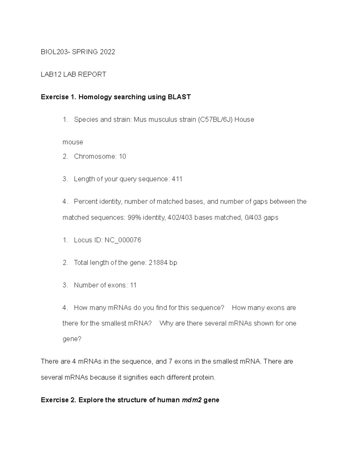 Lab Report 3 Biol203 Spring 2022 Lab12 Lab Report Exercise 1 Homology Searching Using Blast 8091