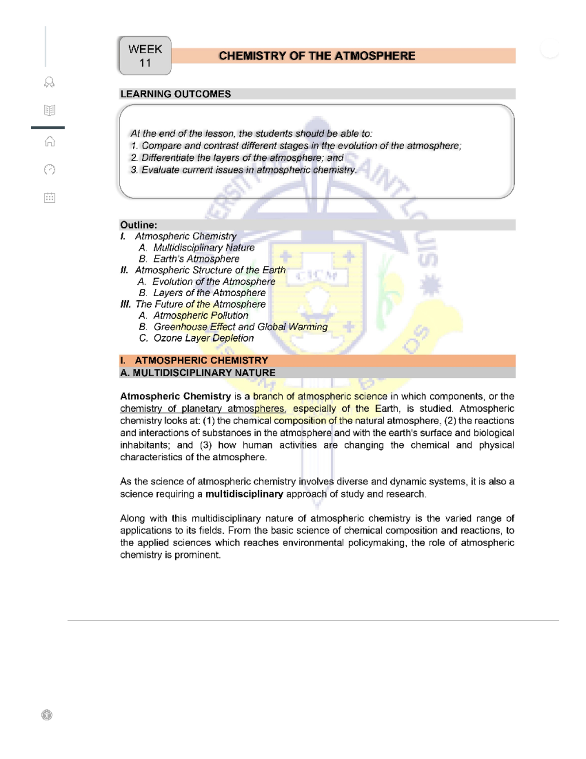 CHEM 1014 1 (173) Lesson 2 Chemistry of the Atmosphere - WEEK CHEMISTRY ...
