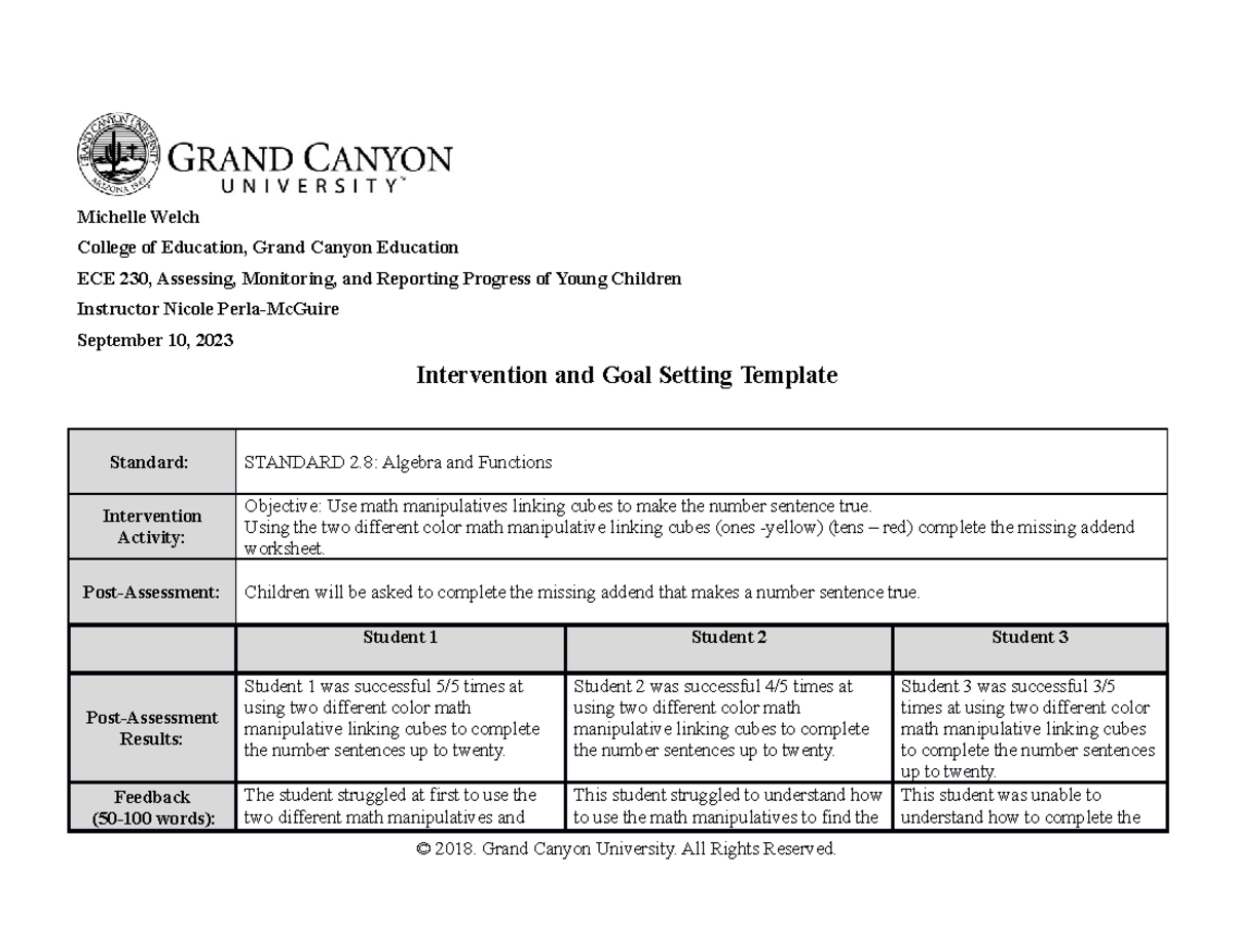 ECE-230-Interventionand Goal Template - Michelle Welch College of ...