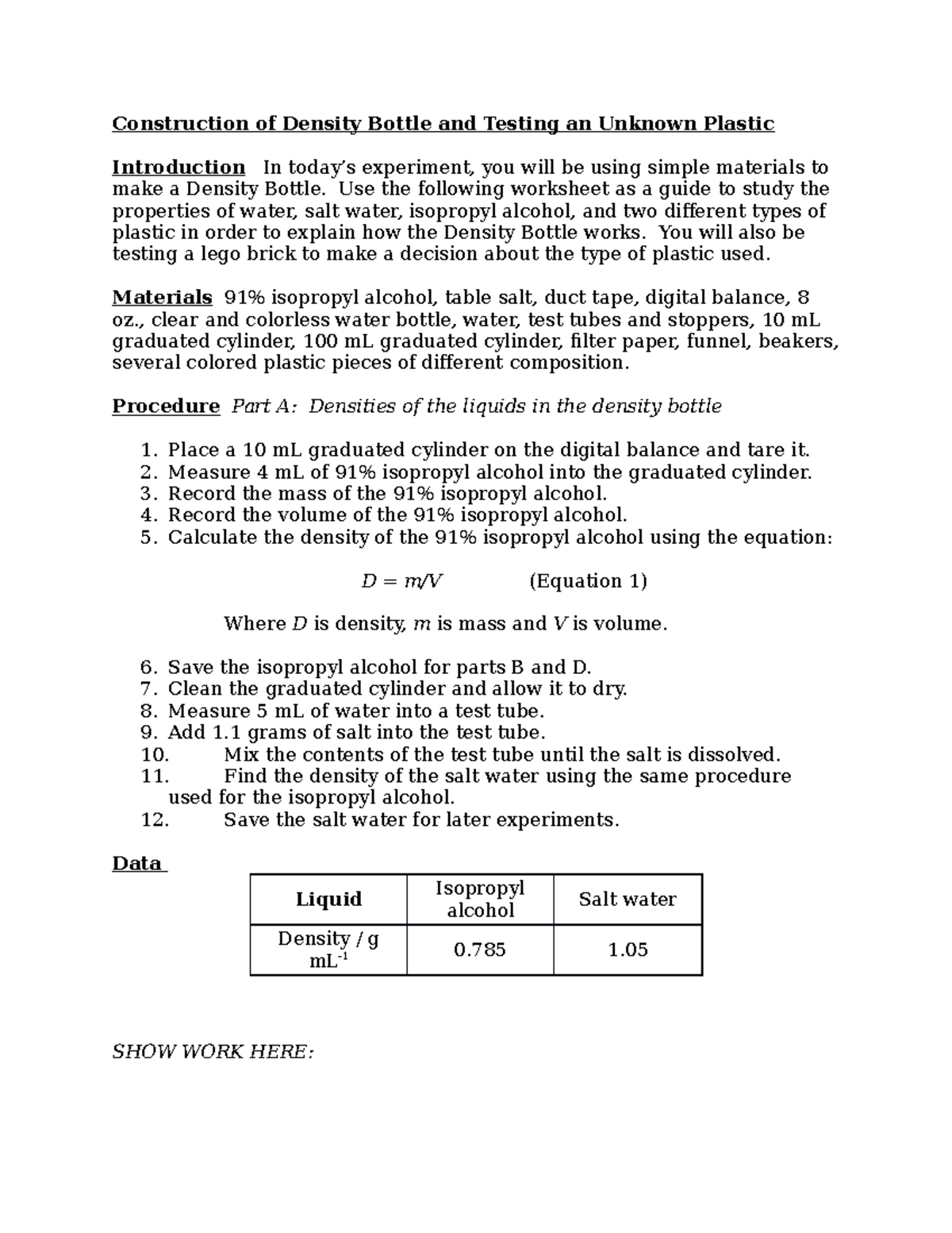 LAB 2 Construction of Density Bottle - Construction of Density Bottle ...