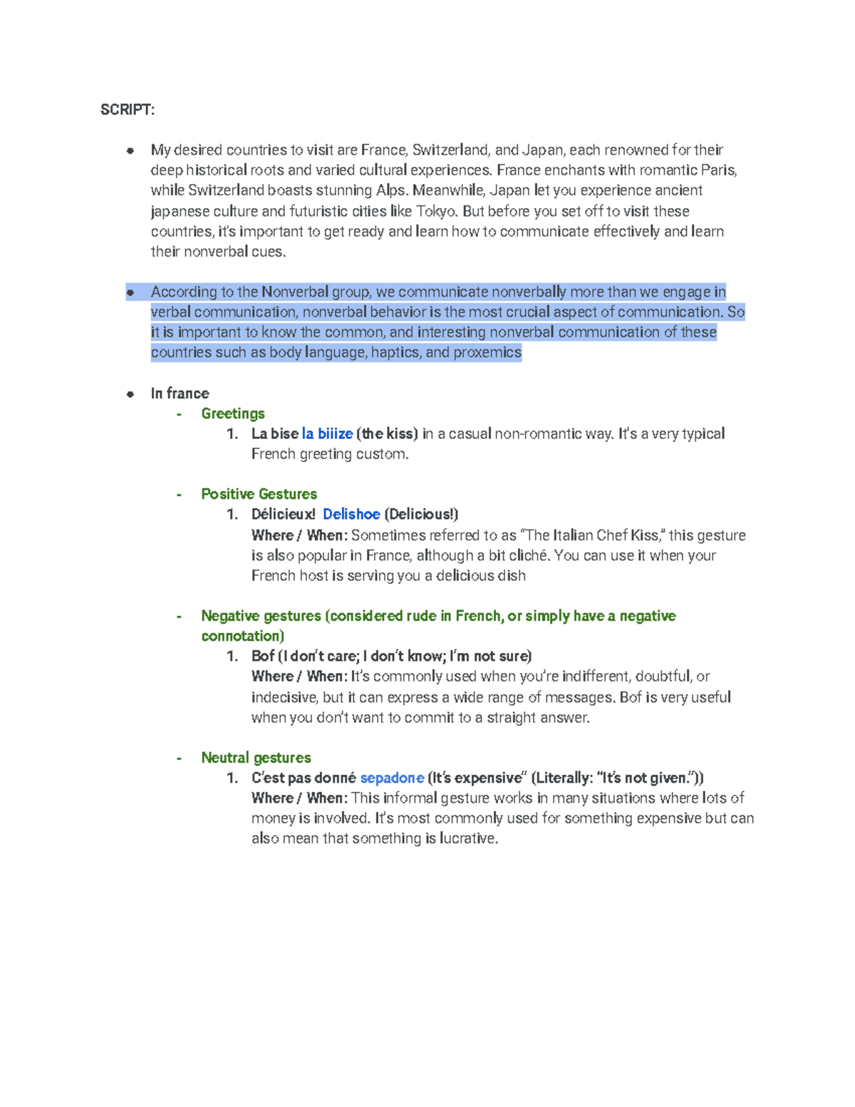 purposive communication - SCRIPT: My desired countries to visit are France, Switzerland, and ...