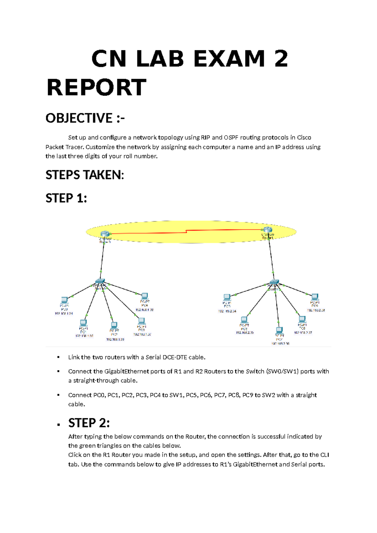 CN LAB EXAM 2 Report - CN LAB EXAM 2 REPORT OBJECTIVE :- Set up and configure a network topology ...
