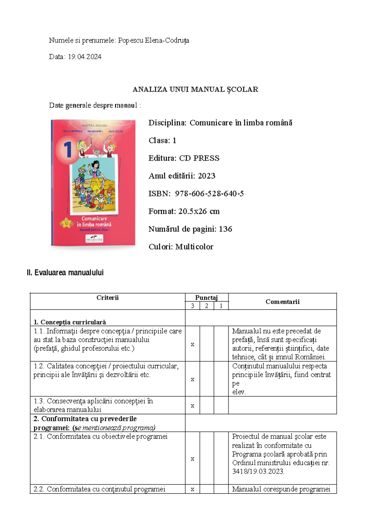 Tema Seminar TMC Analiza-UNUI- Manual- Scolar - Numele si prenumele ...