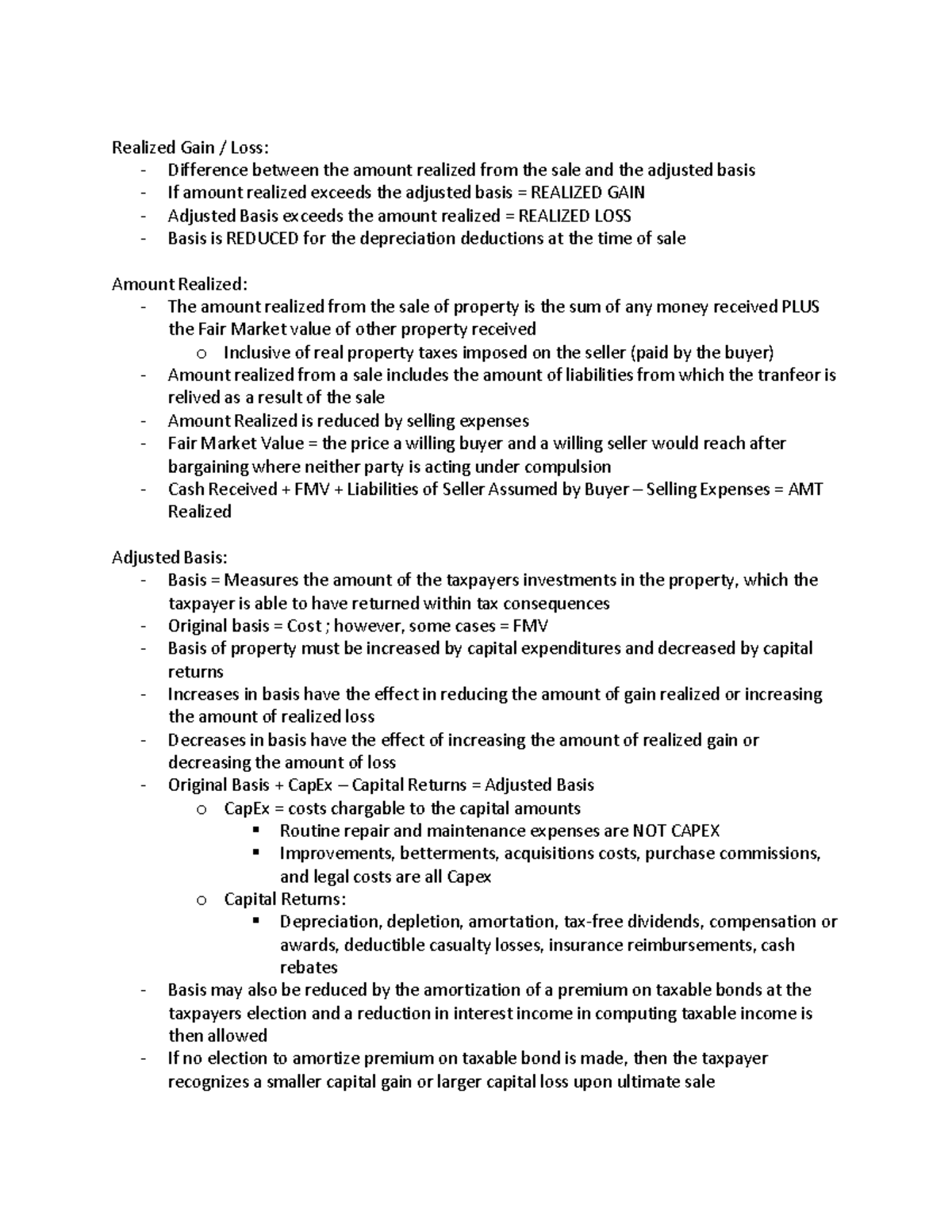 Chapter 10 TAX HW - Realized Gain / Loss: - Difference between the ...
