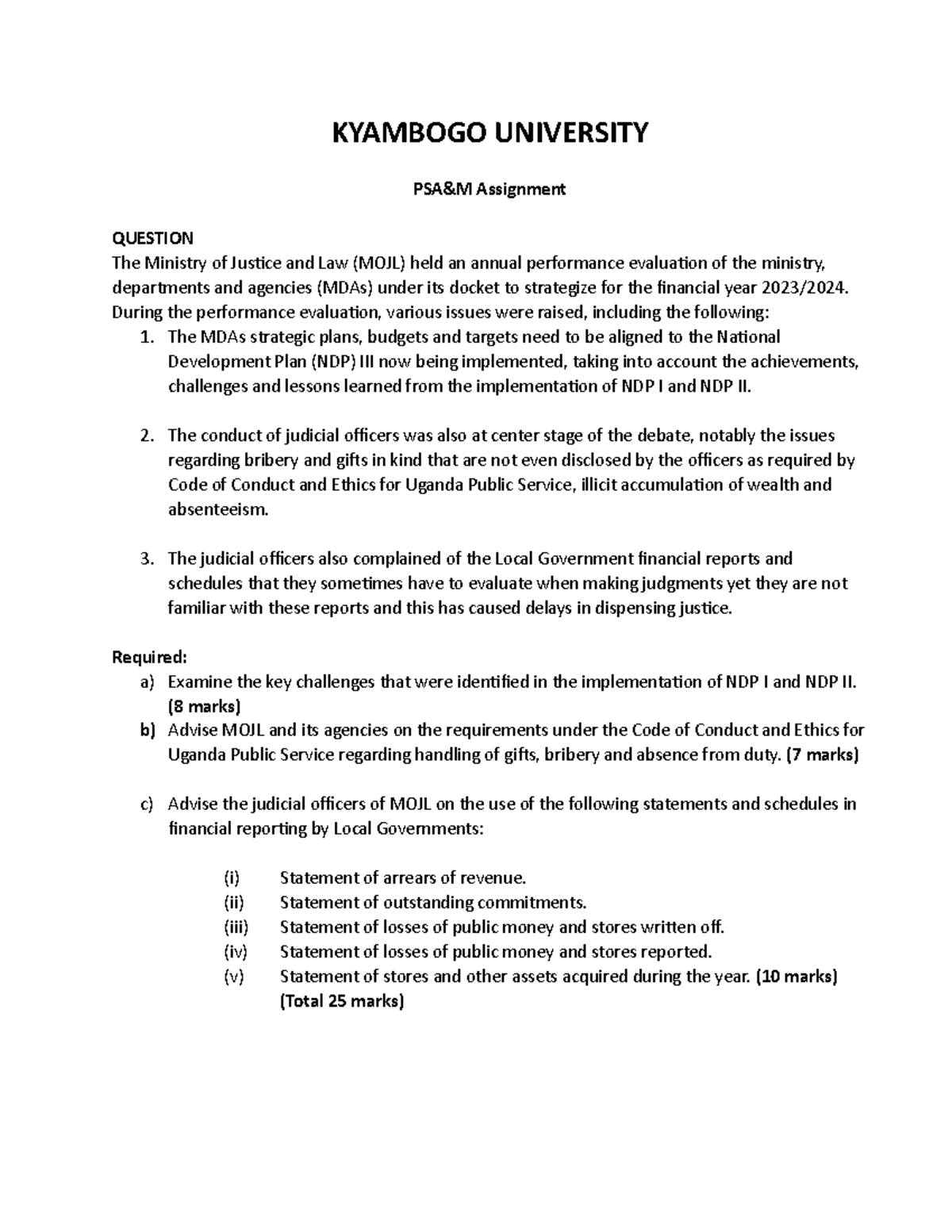 PSA Assignment 2024 - KYAMBOGO UNIVERSITY PSA&M Assignment QUESTION The ...