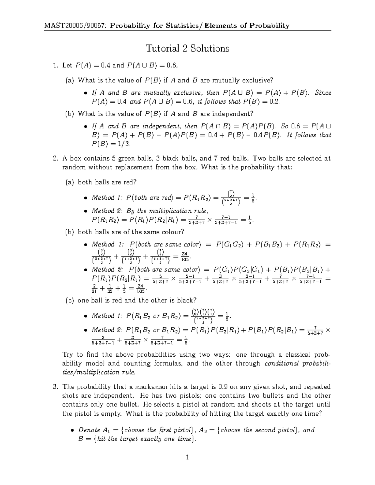 22tut2A-1 - Tutorial 2 Solutions Let P (A) = 0 and P (A ∪ B) = 0. (a ...