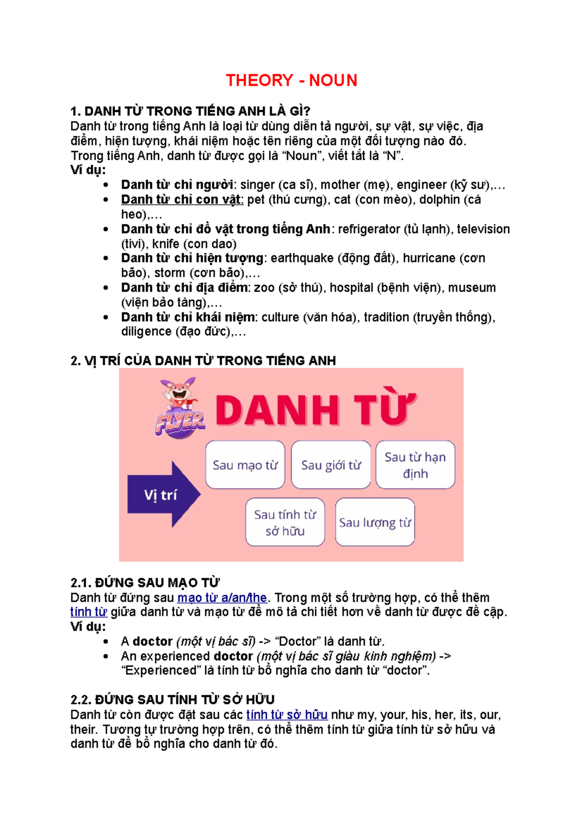 Theory - NOUN - Grammar - Noun - THEORY - NOUN 1. DANH TỪ TRONG TIẾNG ANH LÀ GÌ? Danh từ trong ...