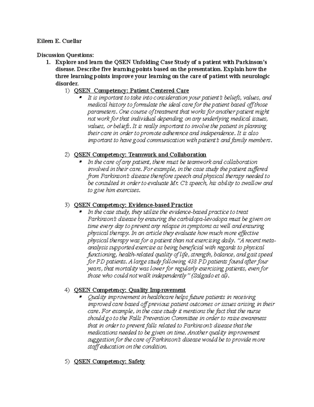 QSEN Questions - Eileen E. Cuellar Discussion Questions: 1. Explore and ...