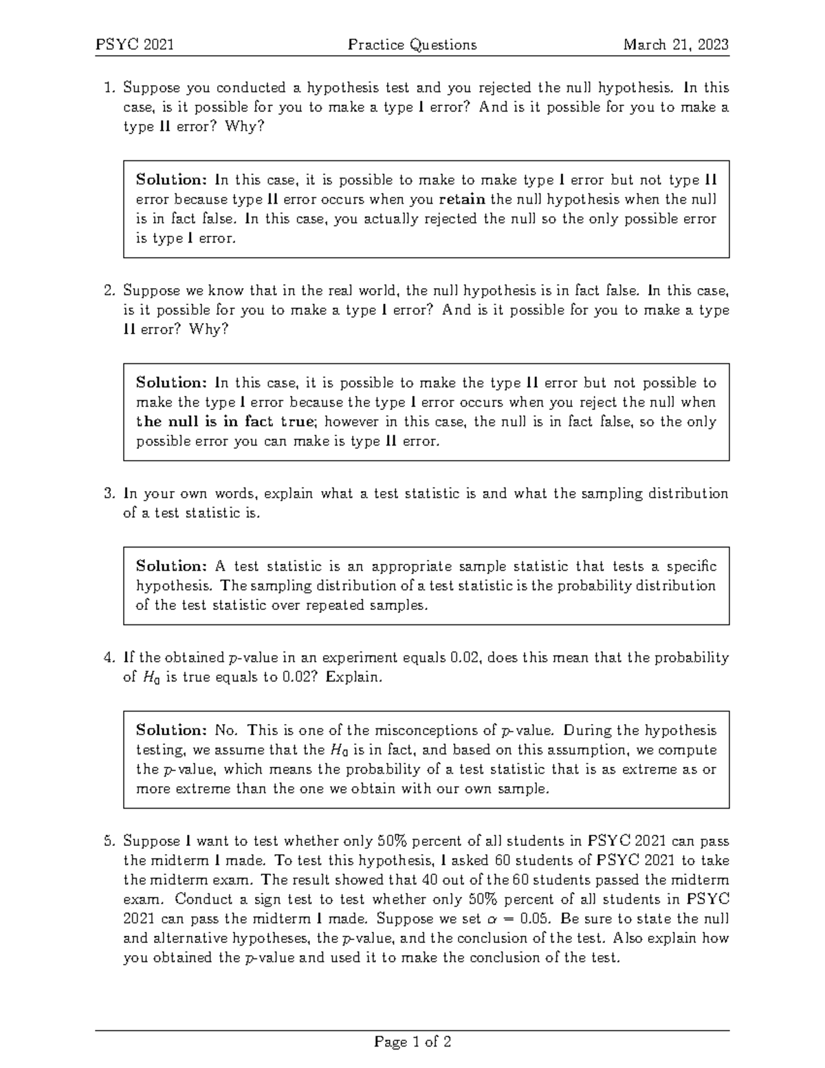 20 - practice questions - PSYC 2021 Practice Questions March 21, 2023 Suppose you conducted a ...