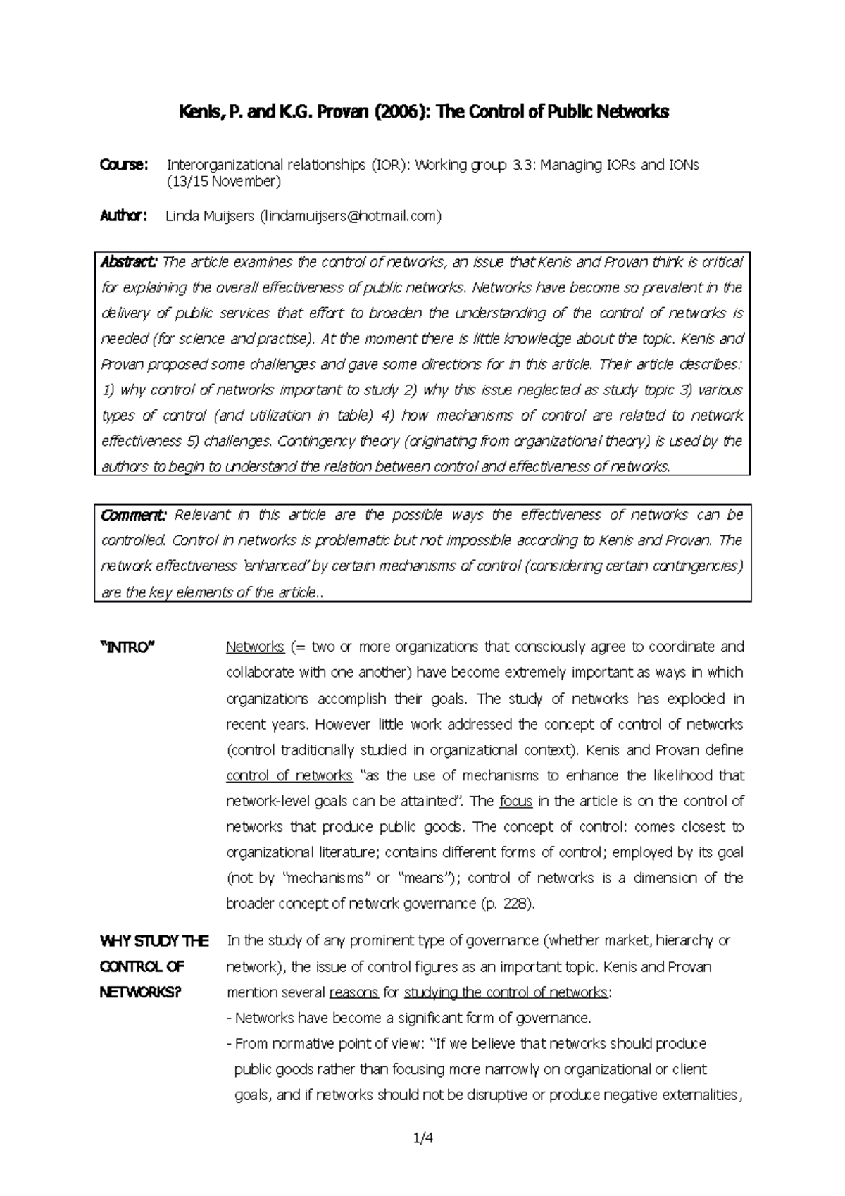 24. Kenis & Provan (2006 ) The Control of Public Networks - Kenis, P ...