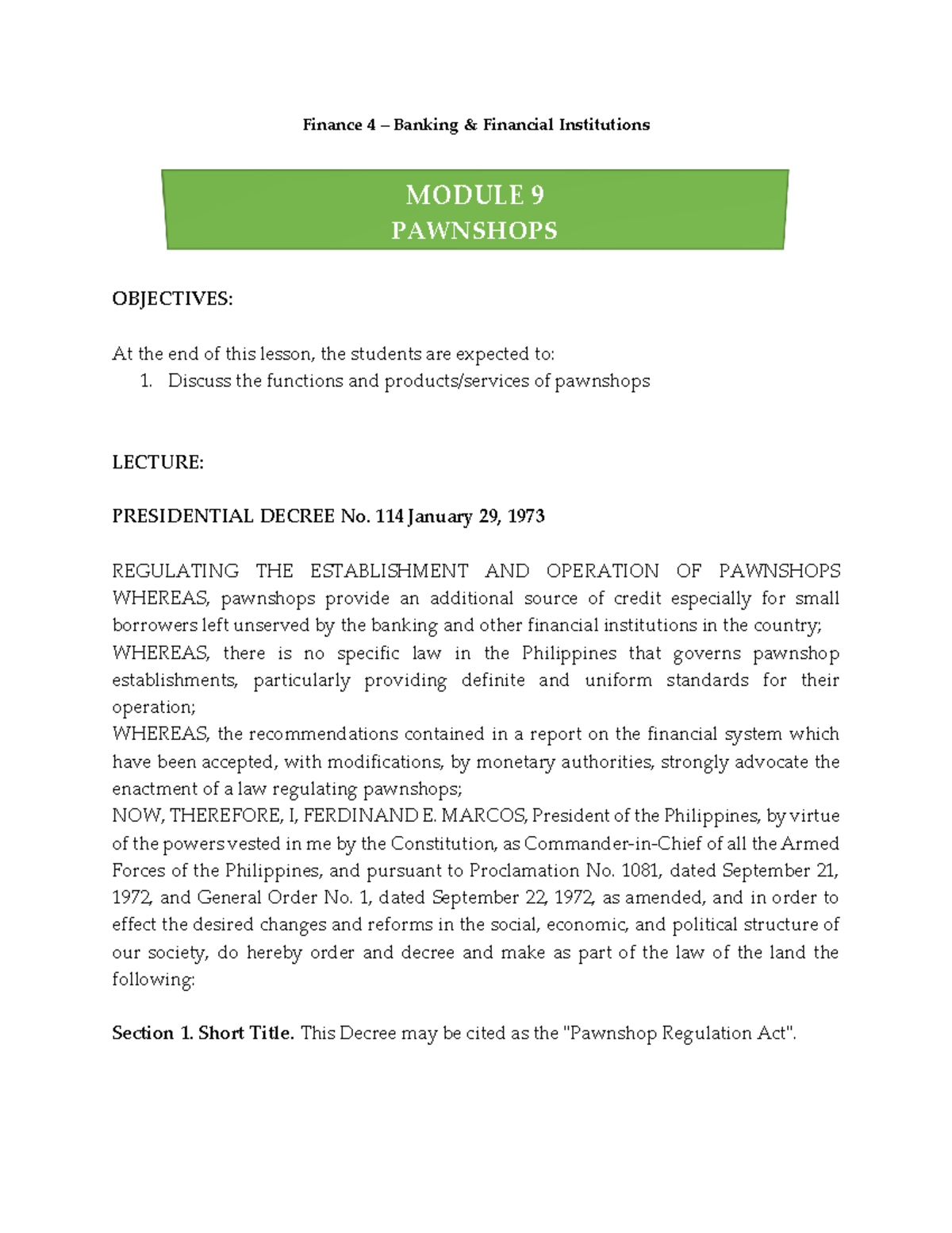 Module 9 - Pawnshops (Banking & Financial Institutions) - Finance 4 ...