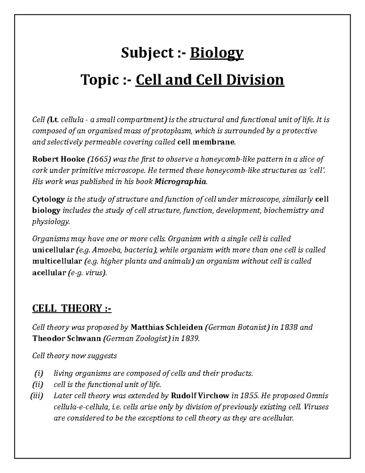 Cell and cell division class notes - Biology - DAV School - Studocu
