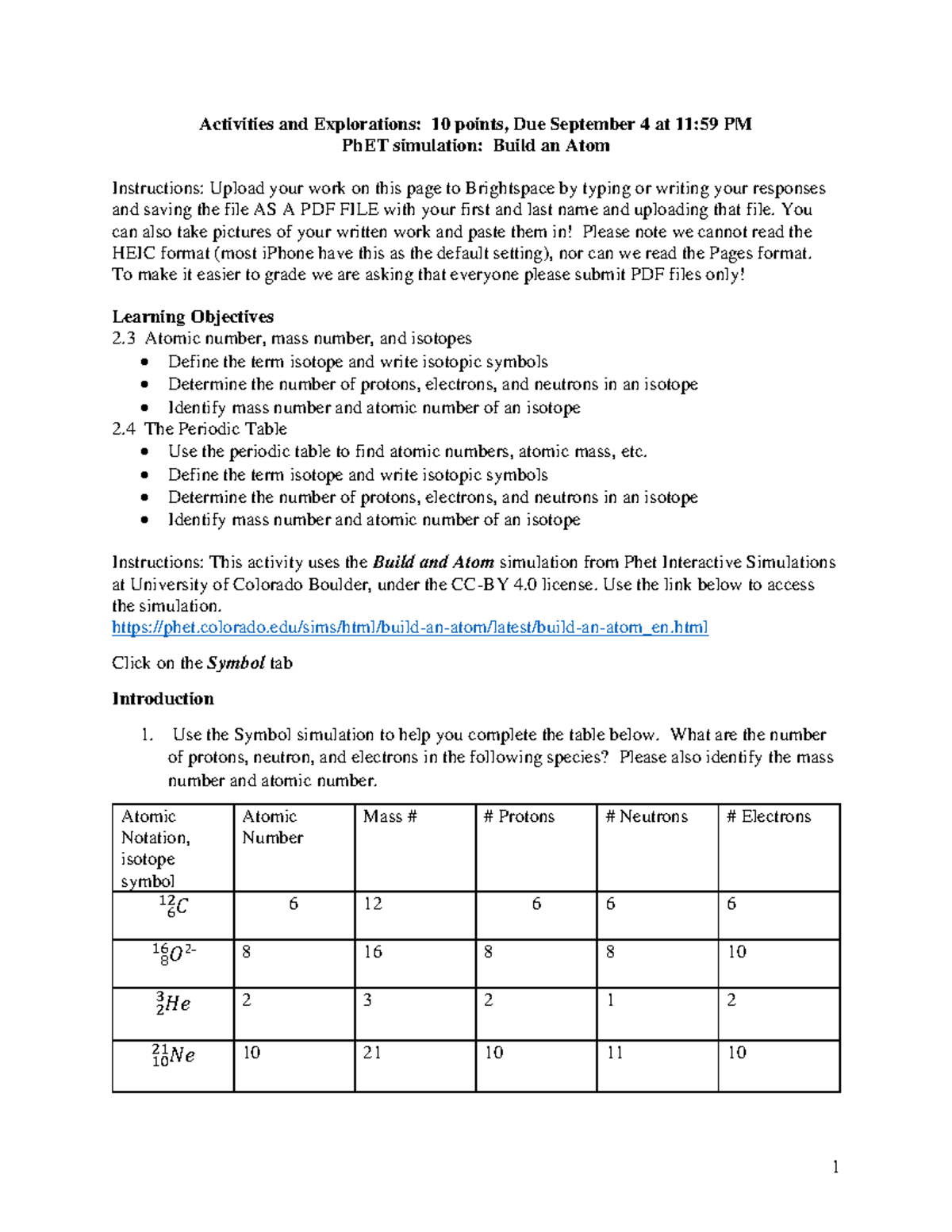 Build an Atom Ph ET sim. Fall 2022 - 1 Activities and Explorations: 10 ...