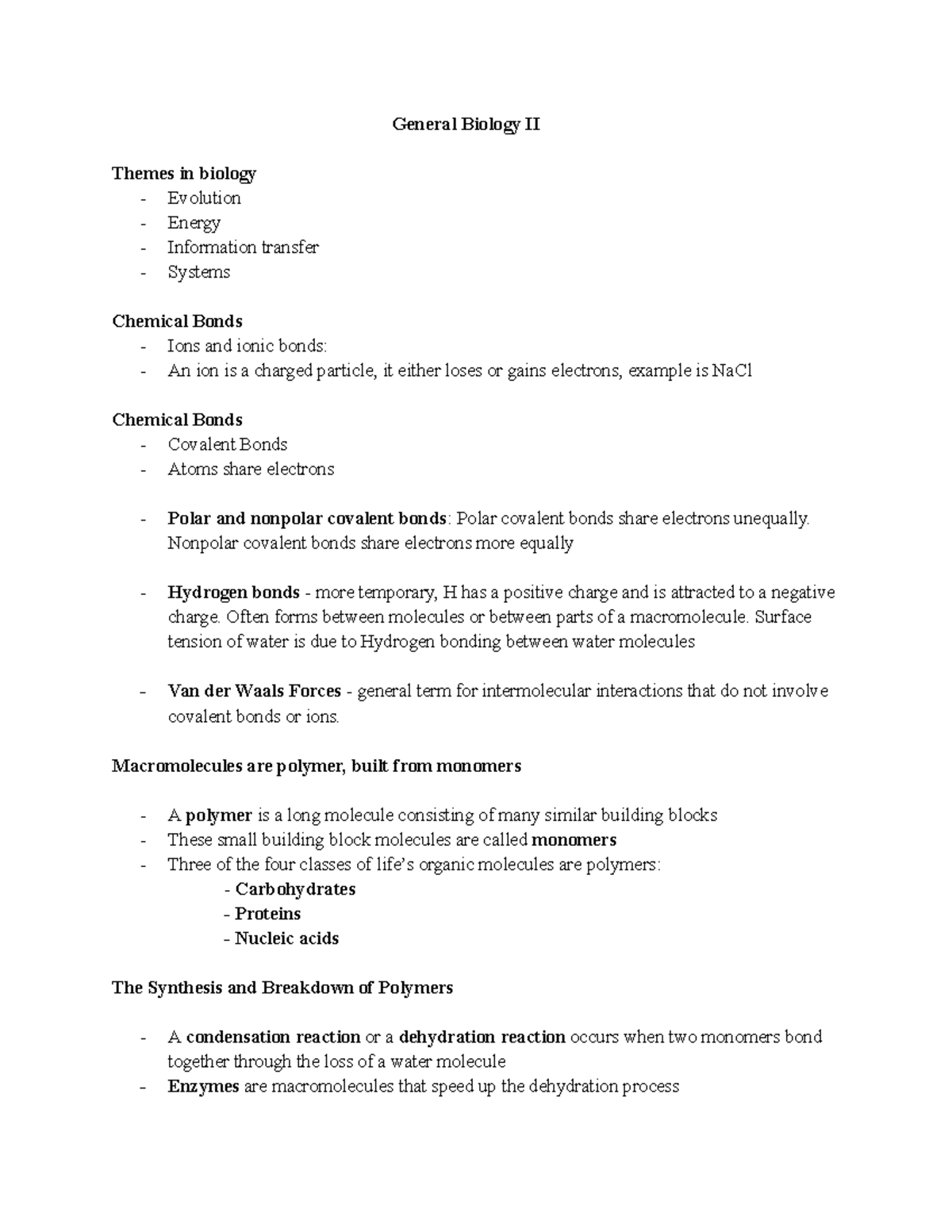 Bio 2 - week 1 - NOTES - General Biology II Themes in biology ...