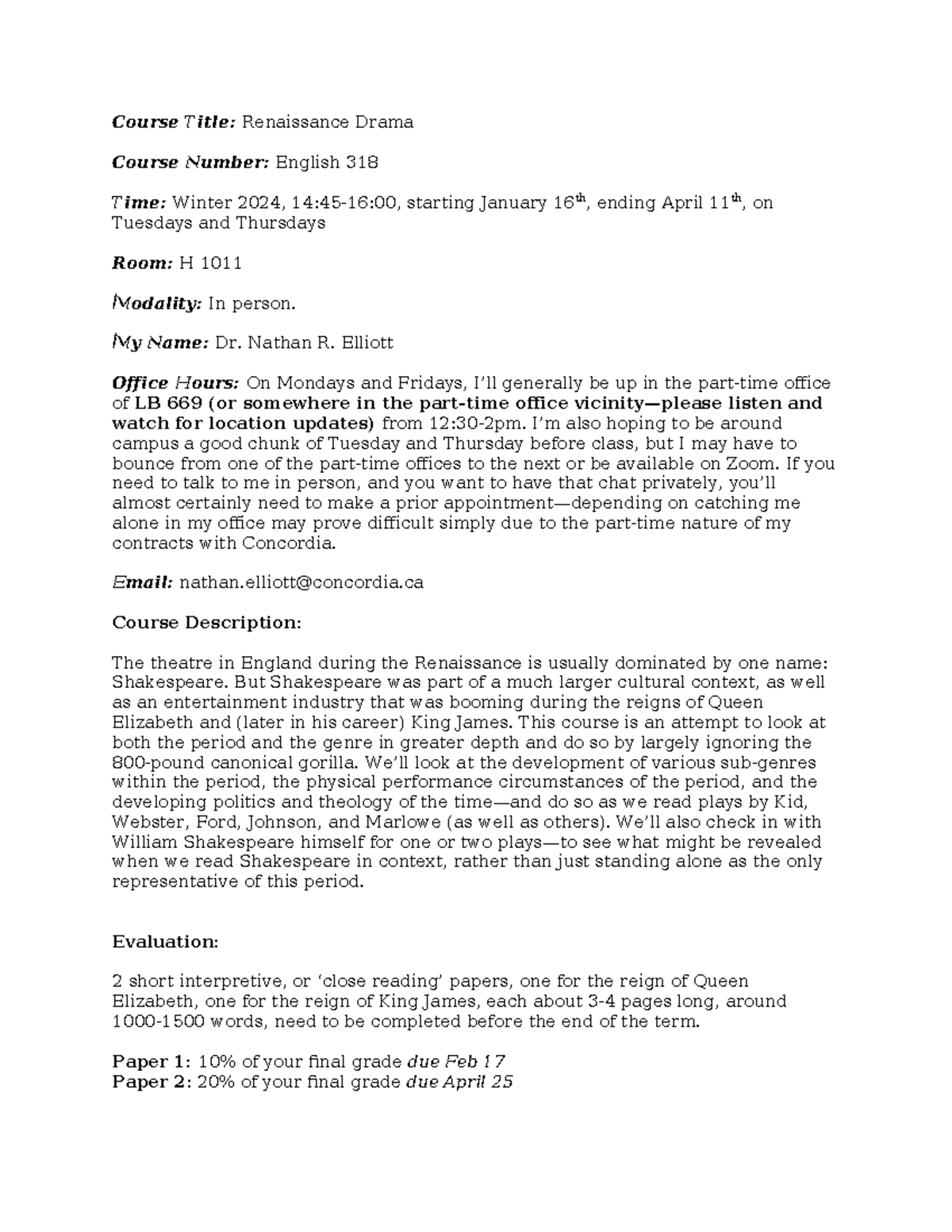 Renaissance Drama Winter 2024 Syllabus - Course Title: Renaissance ...