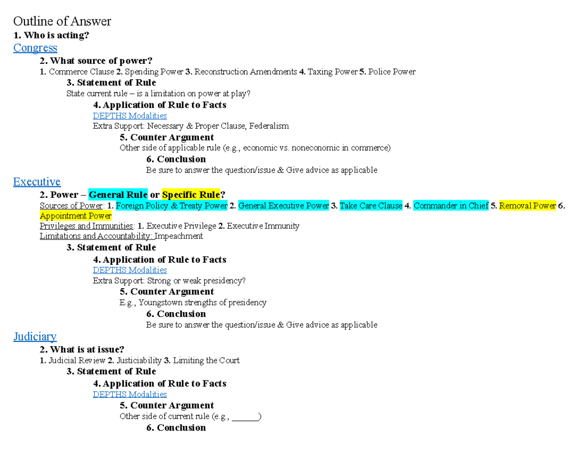 Con Law I - Outline - Outline of Answer 1. Who is acting? Congress 2 ...