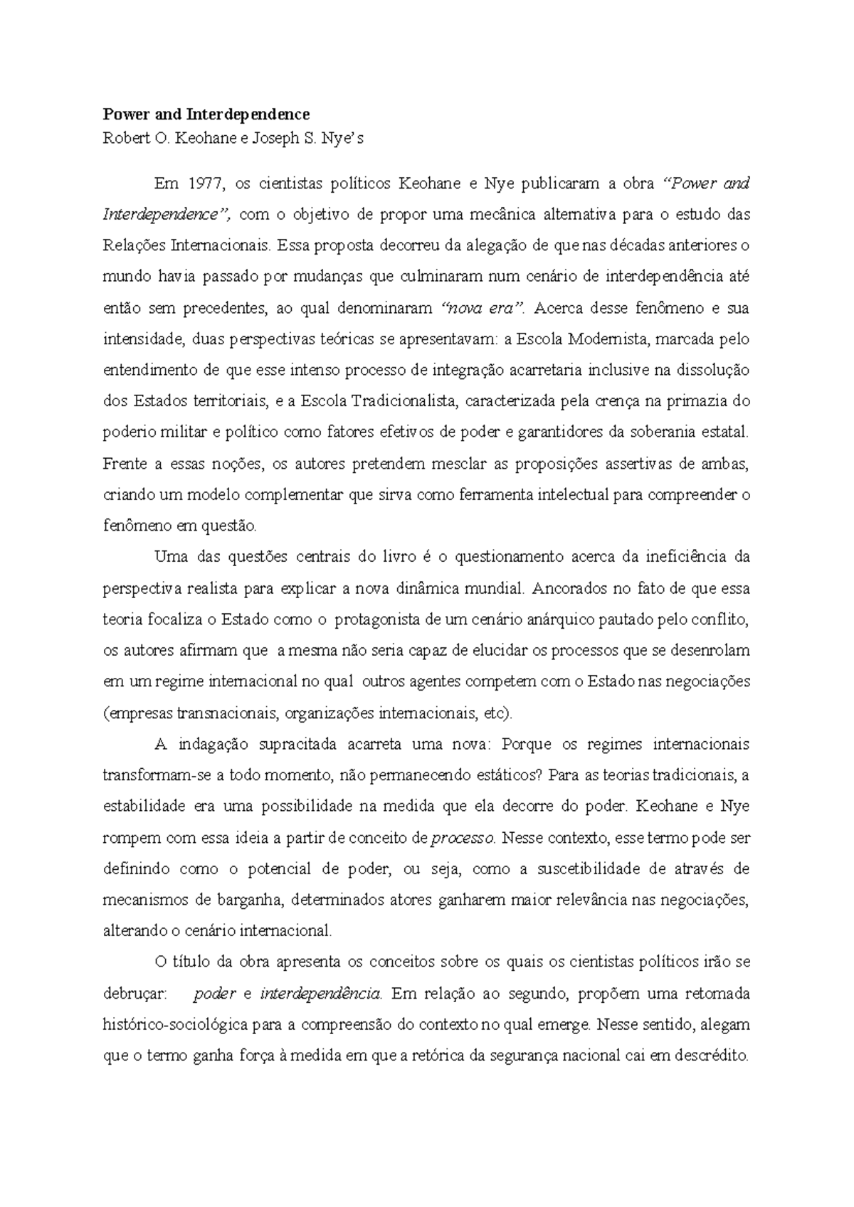 Resumo sobre a obra "Power and interdependence" - Keohane e Nye - Power ...