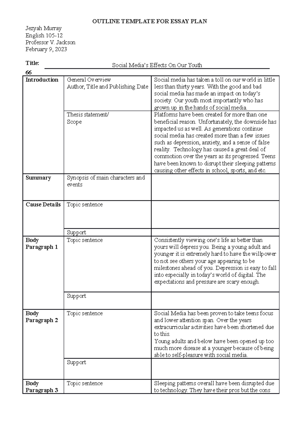 Cause and Effect Outline - OUTLINE TEMPLATE FOR ESSAY PLAN Jezyah ...