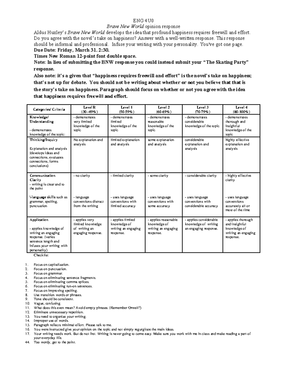 Brave new World opinion response rubric plus checklist Spring 2023 ...