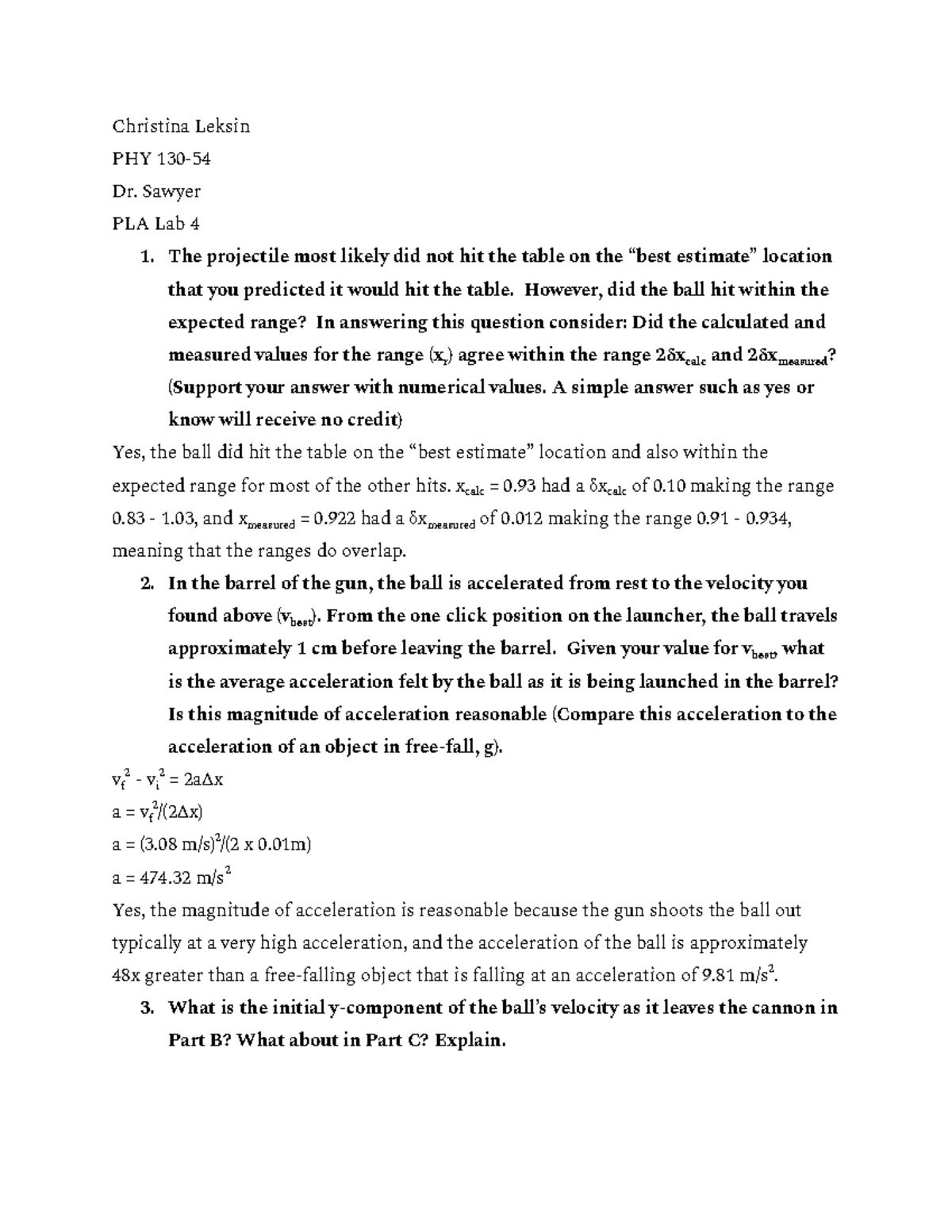 PHY 130 PLA Lab 4 - Dr. Sawyer - Christina Leksin PHY 130- Dr. Sawyer ...