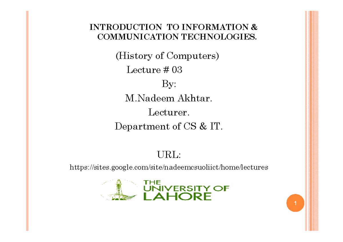 I CT Lecture 03 History of computers Compatibility Mode - INTRODUCTION ...