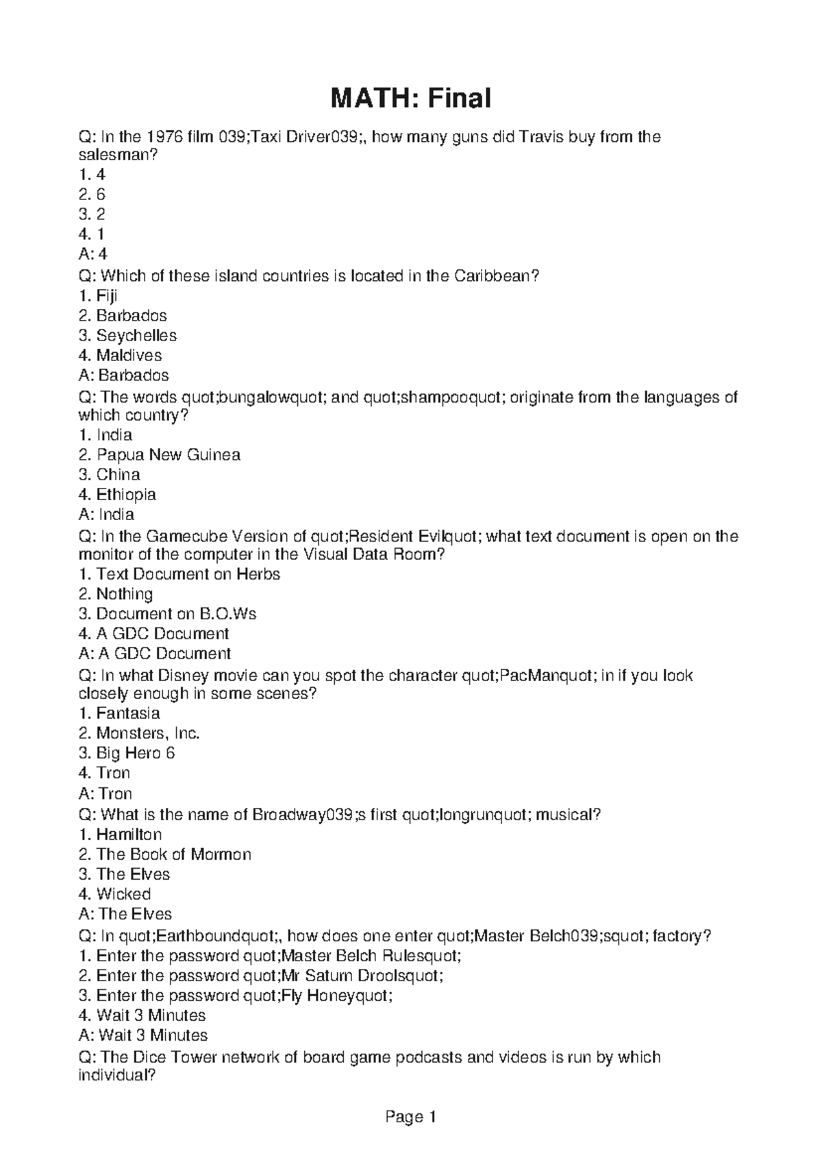 MATH331 info 6 - MATH: Final Q: In the 1976 film 039;Taxi Driver039 ...