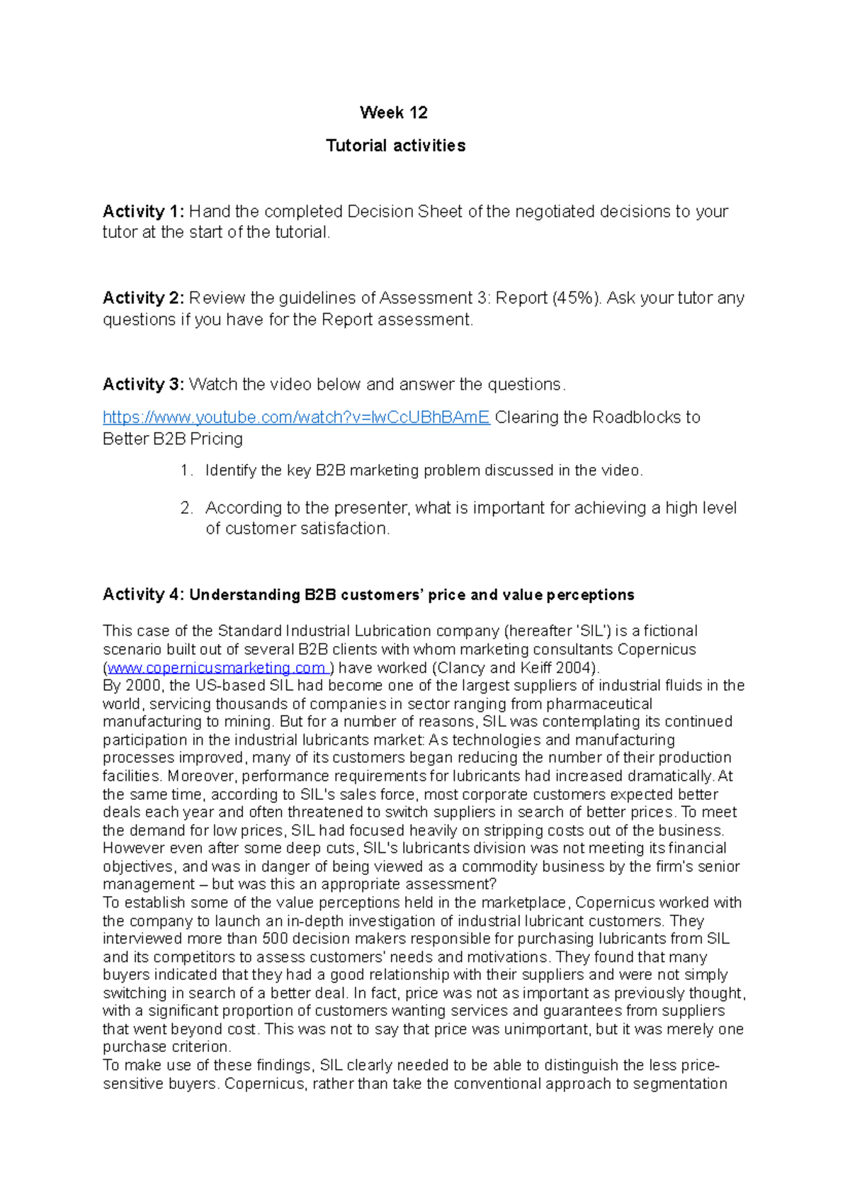 Week 12 activities - tutorial work - Week 12 Tutorial activities ...