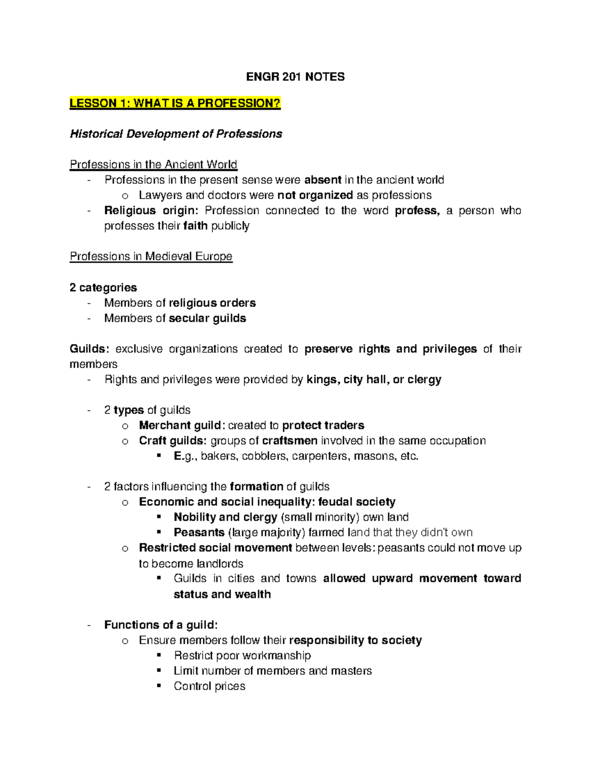 ENGR 201 Notes - ENGR 201 NOTES LESSON 1: WHAT IS A PROFESSION ...