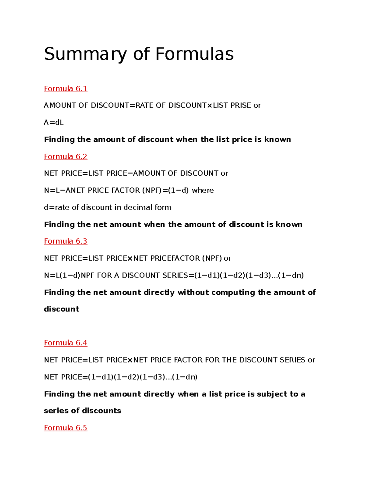Summary of Formulas 3 - Lecture notes 3 - Summary of Formulas Formula 6 ...