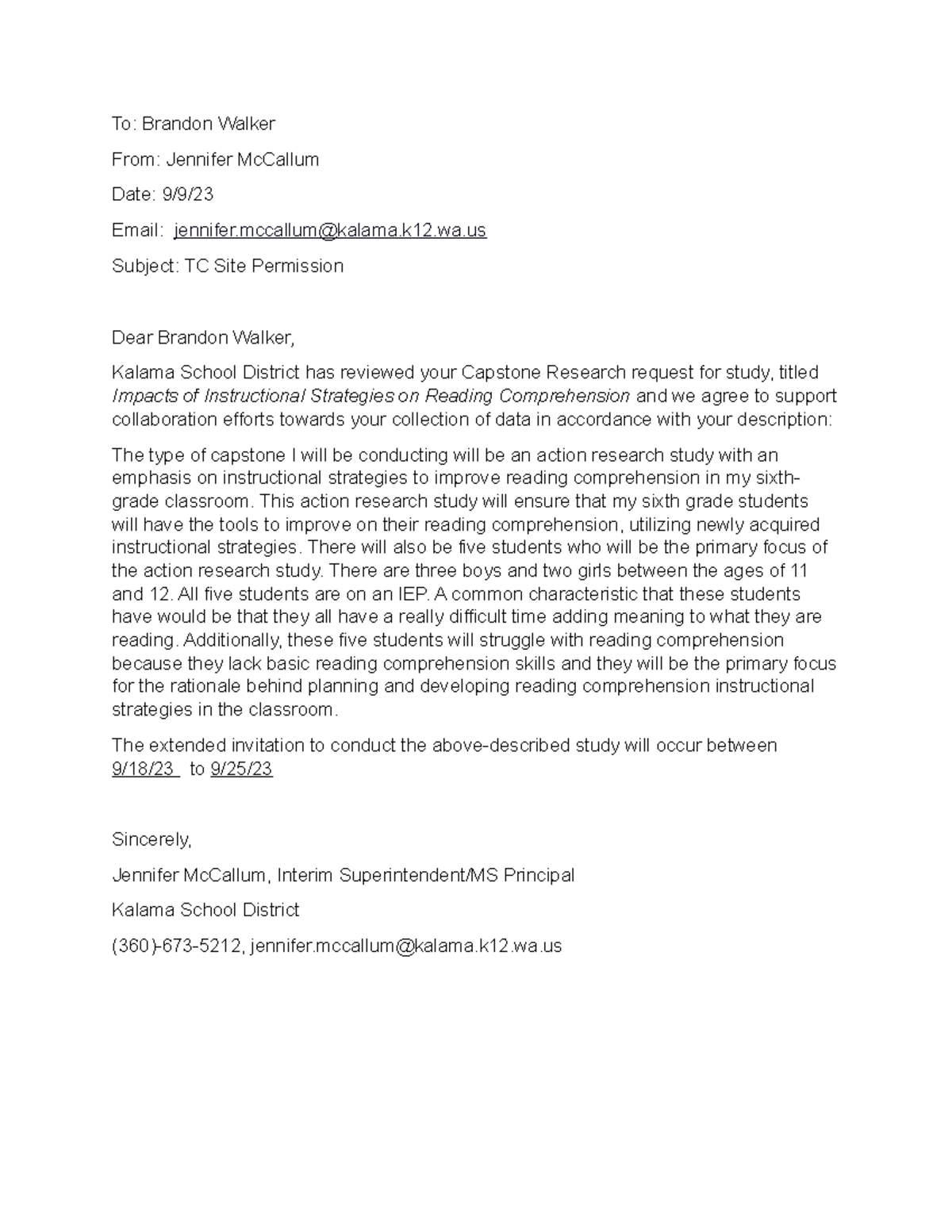 D181 Task Two- TC Site Permission - To: Brandon Walker From: Jennifer ...