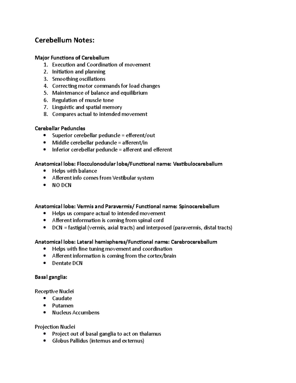 Cerebellum Notes - Cerebellum Notes: Major Functions of Cerebellum 1 ...