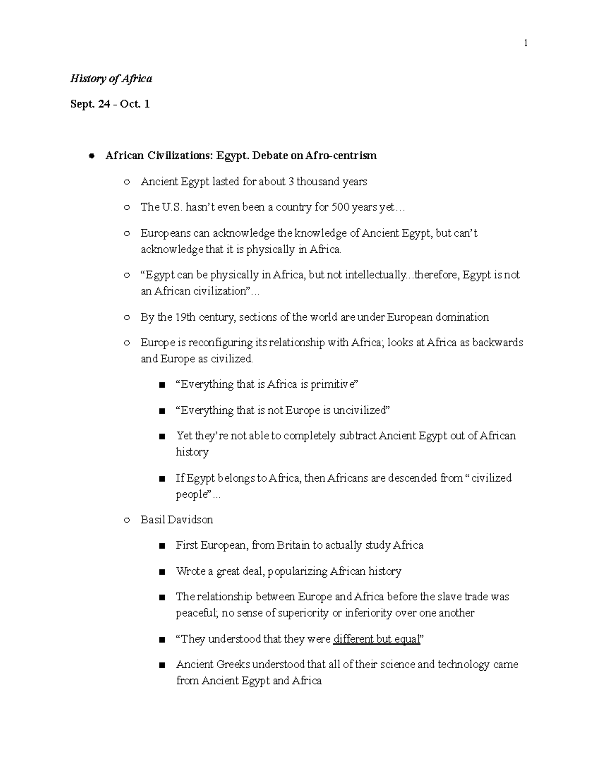 HIST134- Module #3 - History of Africa Notes - History of Africa Sept ...