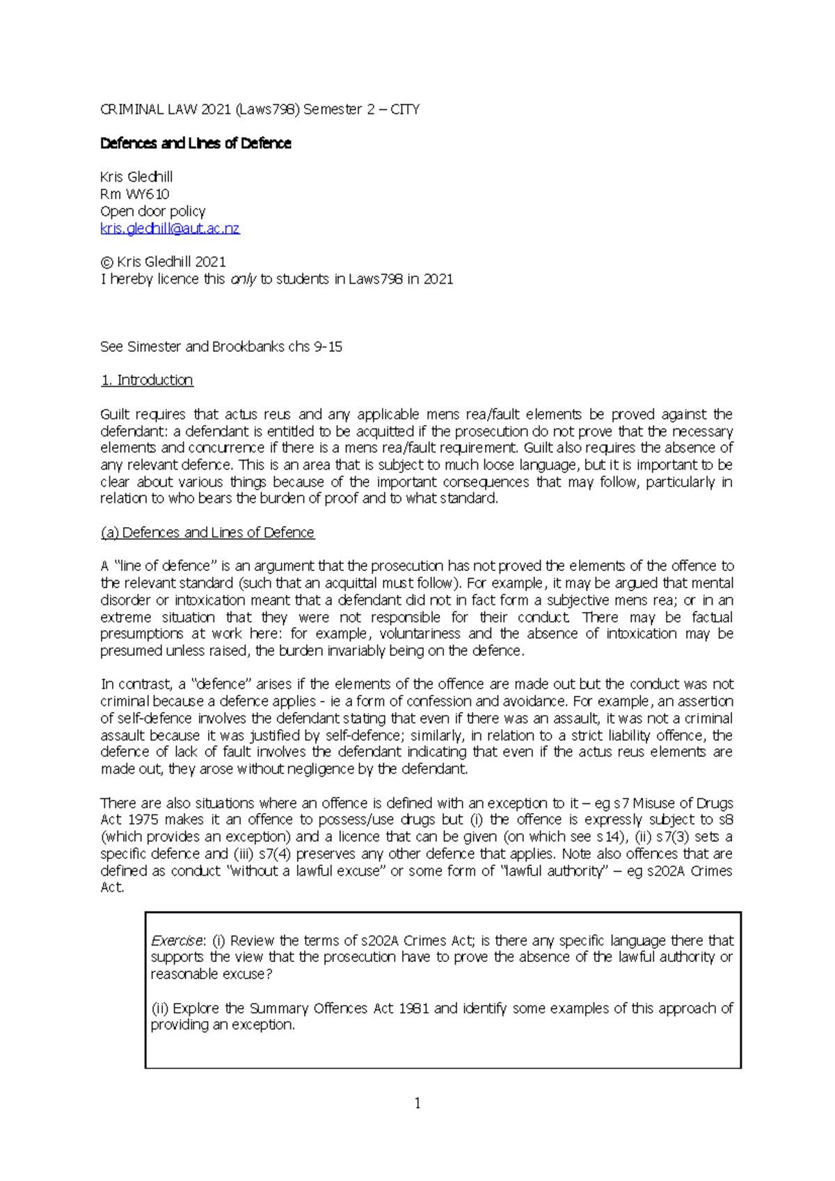 Semester 2 - Handout 1 - Defences(1) - Criminal Law - AUT - Studocu