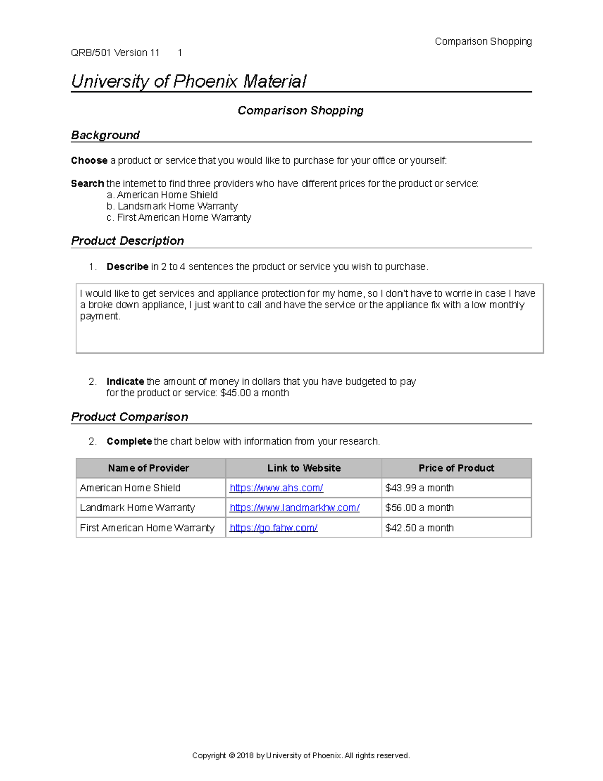 Comparison shopping worksheet - QRB/501 Version 11 1 University of ...